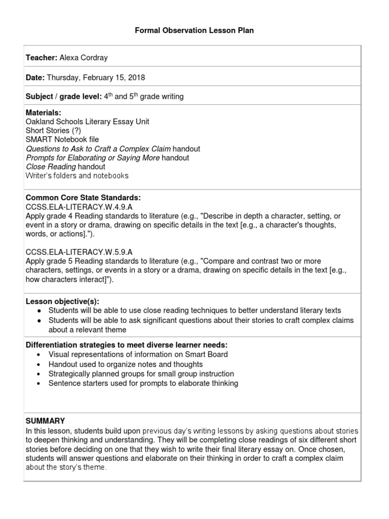 4th & 5th Grade Literary Essay Plan | PDF | Lesson Plan | Reading (Process)