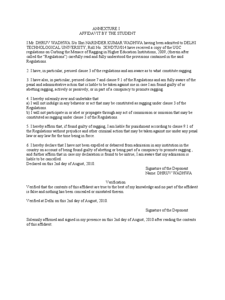 Anti Ragging Affidavit 1 and 2 | Affidavit | Virtue