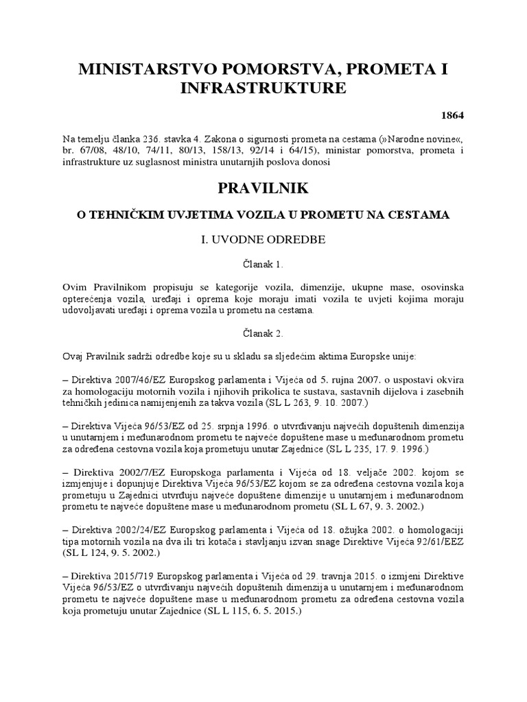 Pravilnik o Tehničkim Uvjetima Vozila Na Cesti | PDF