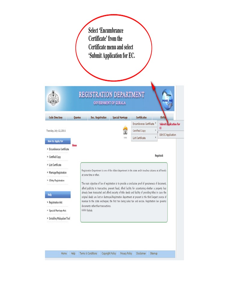 Select Encumbrance Certificate' From The Certificate Menu and Select Submit Application For EC | PDF