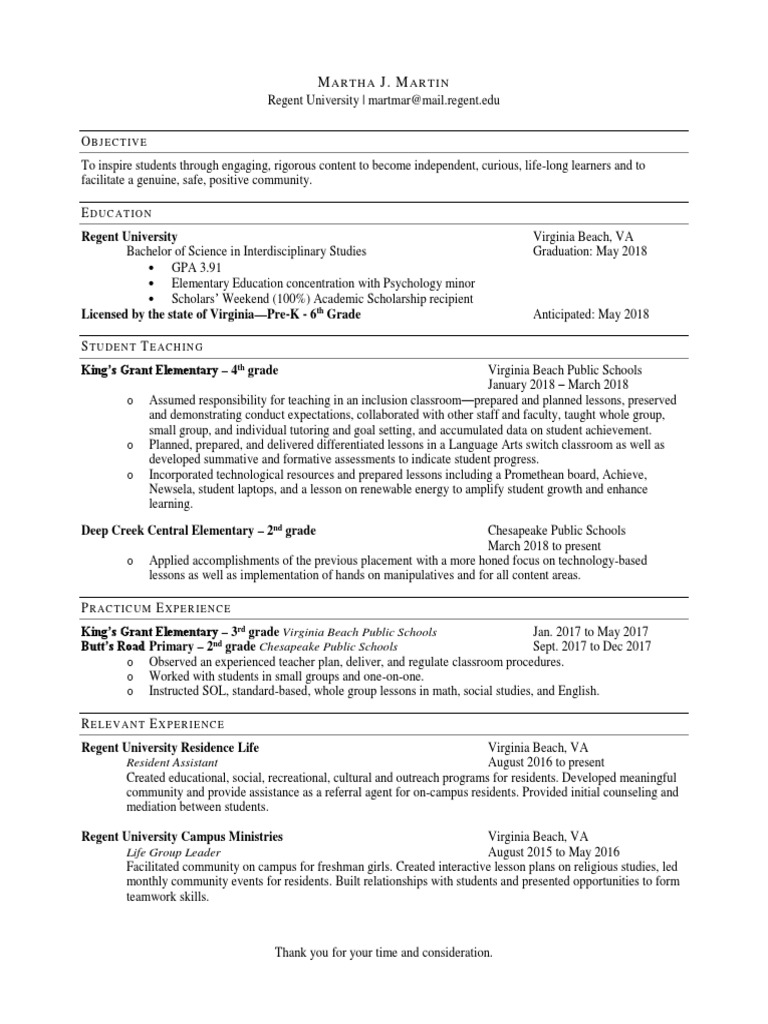 Ued495 Martin Martha Resume | PDF | Primary Education | State School