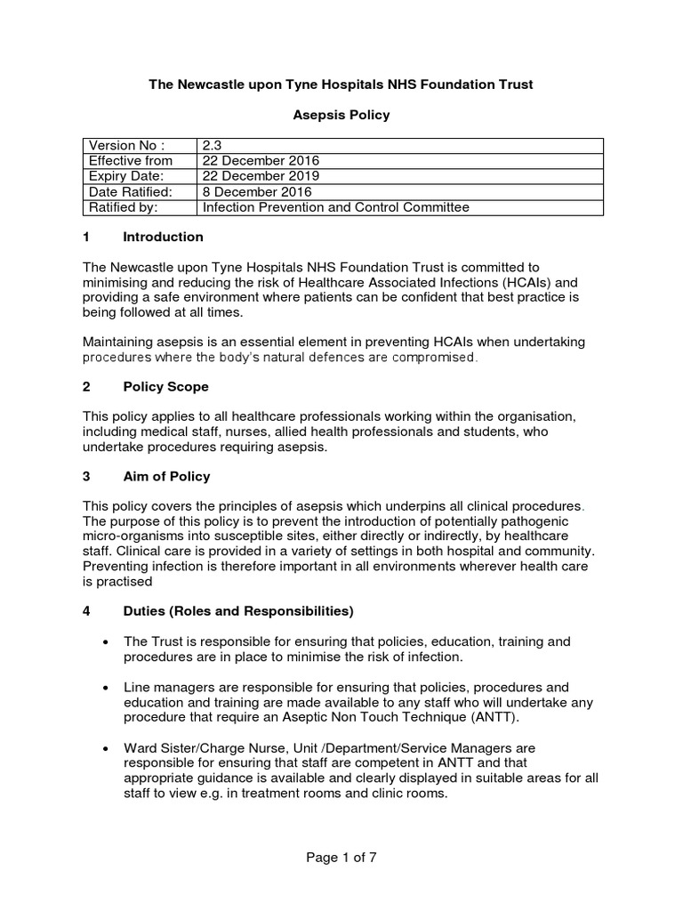 The Newcastle Upon Tyne Hospitals NHS Foundation Trust Asepsis Policy ...