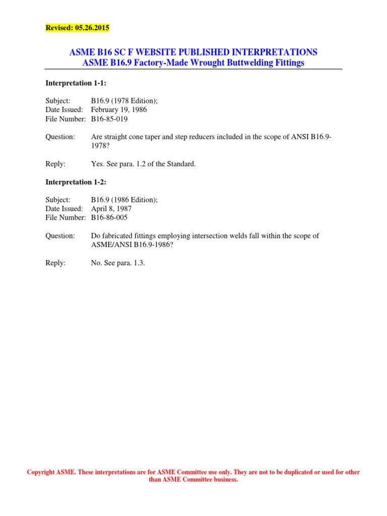 Asme B16 SC F Website Published Interpretations ASME B16.9 Factory-Made ...