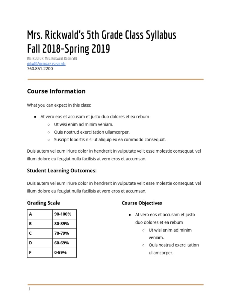 Mrs. Rickwald's 5th Grade Syllabus 2018-19 | PDF