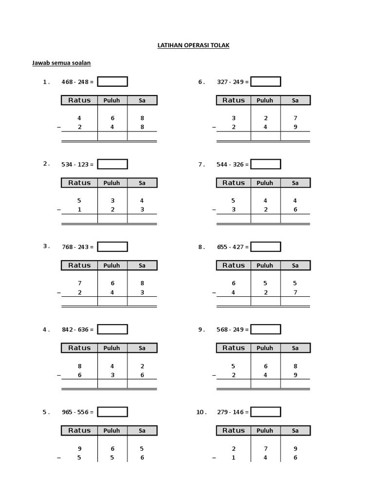 Soalan Operasi Tolak 1 Pdf