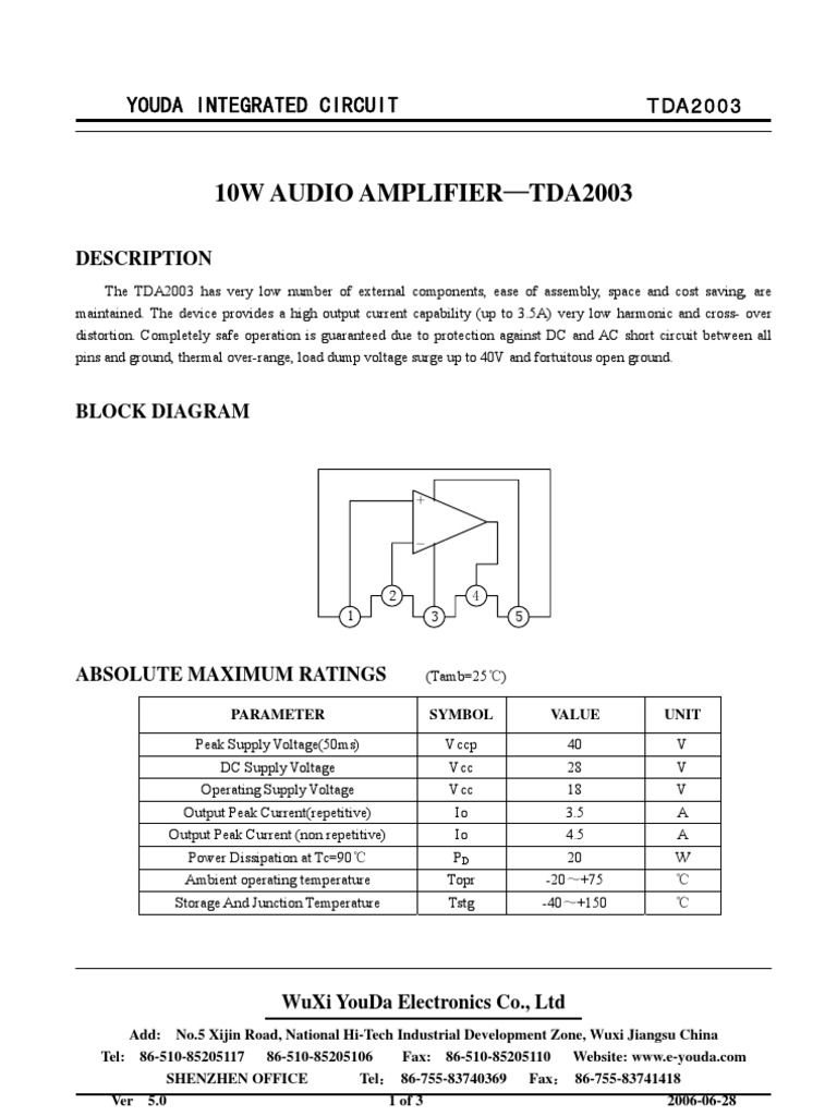 10W Audio Amplifier-Tda2003: Youda Integrated Circuit | PDF | Amplifier | Electrical Engineering