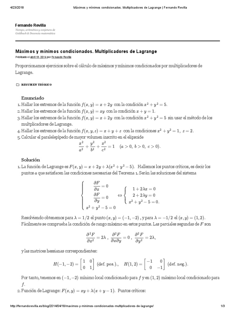 Máximos y Mínimos Condicionados. Multiplicadores de Lagrange | PDF | Máximos y mínimos | Ecuaciones