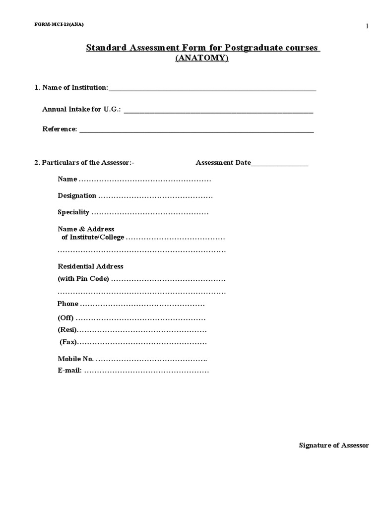 Standard Assessment Form For Postgraduate Courses: (Anatomy) | PDF ...