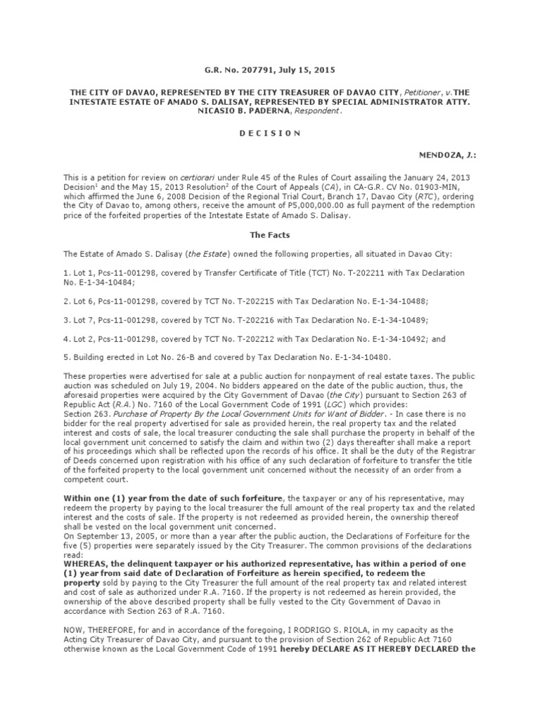 Davao City vs. Dalisay Estate Redemption Case | PDF | Estoppel | Property