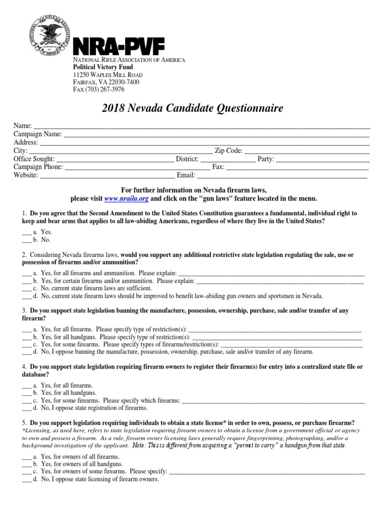 2018 NRA Nevada Candidate Questionnaire | PDF | Concealed Carry In The ...