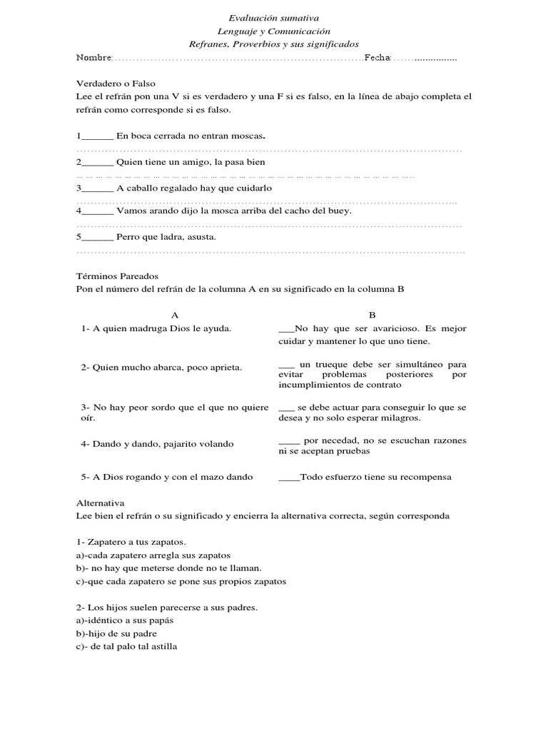 Prueba Refranes | PDF | Ocio
