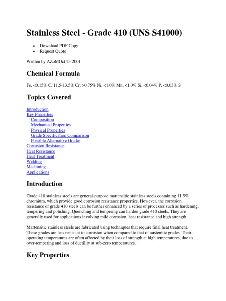 Stainless Steel Grade 410 Properties Uses | PDF | Heat Treating | Steel