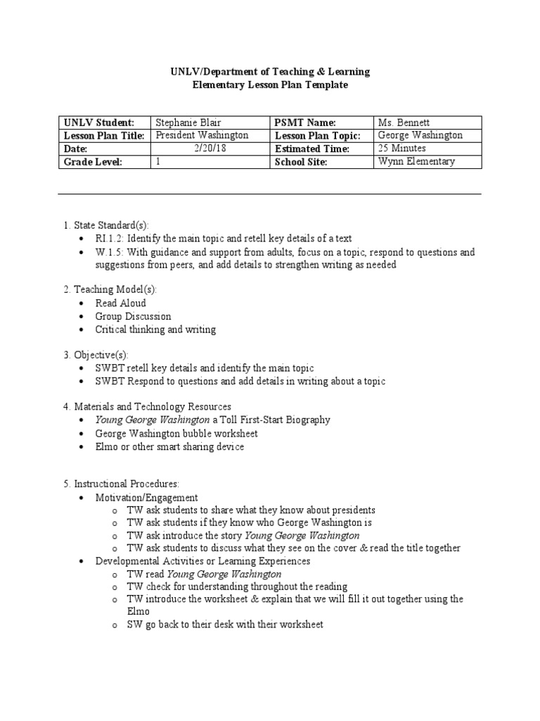 George Washington Lesson Plan | PDF | Lesson Plan | Educational Psychology