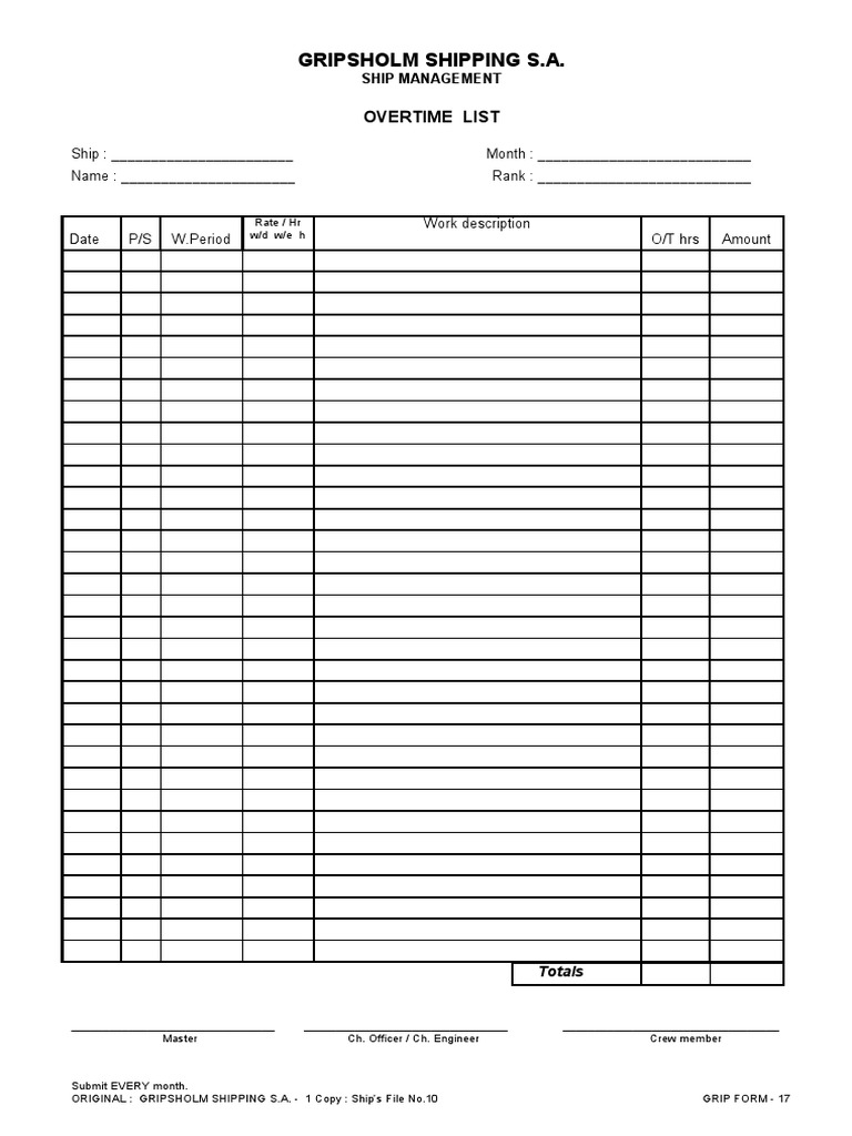 Gripsholm Shipping S.A.: Overtime List | Download Free PDF | Human ...