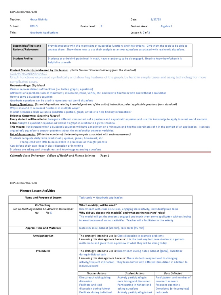 Educ 450 Cep Lesson Plan 2 | PDF | Lesson Plan | Teachers