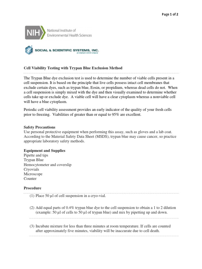 Trypan Blue Cell Viability Test Guide | PDF | Laboratories | Chemistry