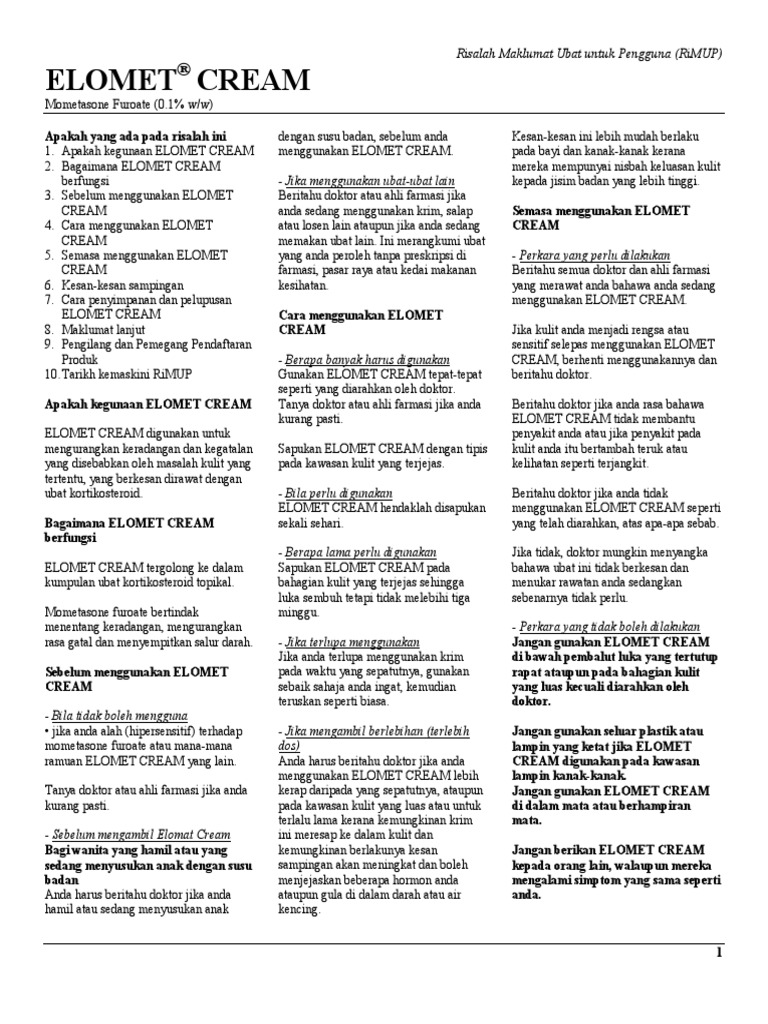 Elomet Cream Mometasone Furoate Merck Sharp Dohme Malaysia SDN BHD ...
