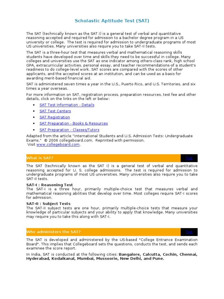 Scholastic Aptitude Test | PDF | Sat | Test (Assessment)