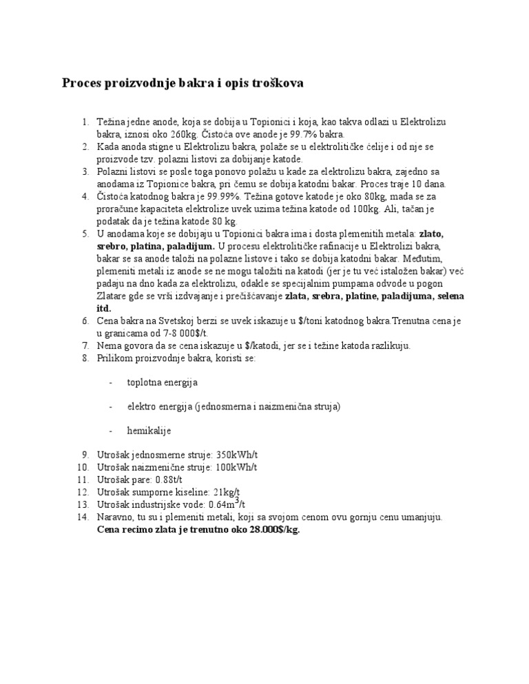 Proces Proizvodnje Bakra I Opis Troskova | PDF
