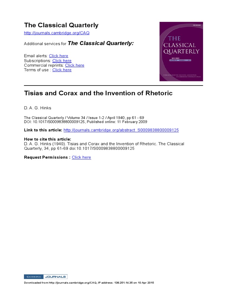 DAG Hinks - Tisias and Corax and The Invention of Rhetoric | PDF ...