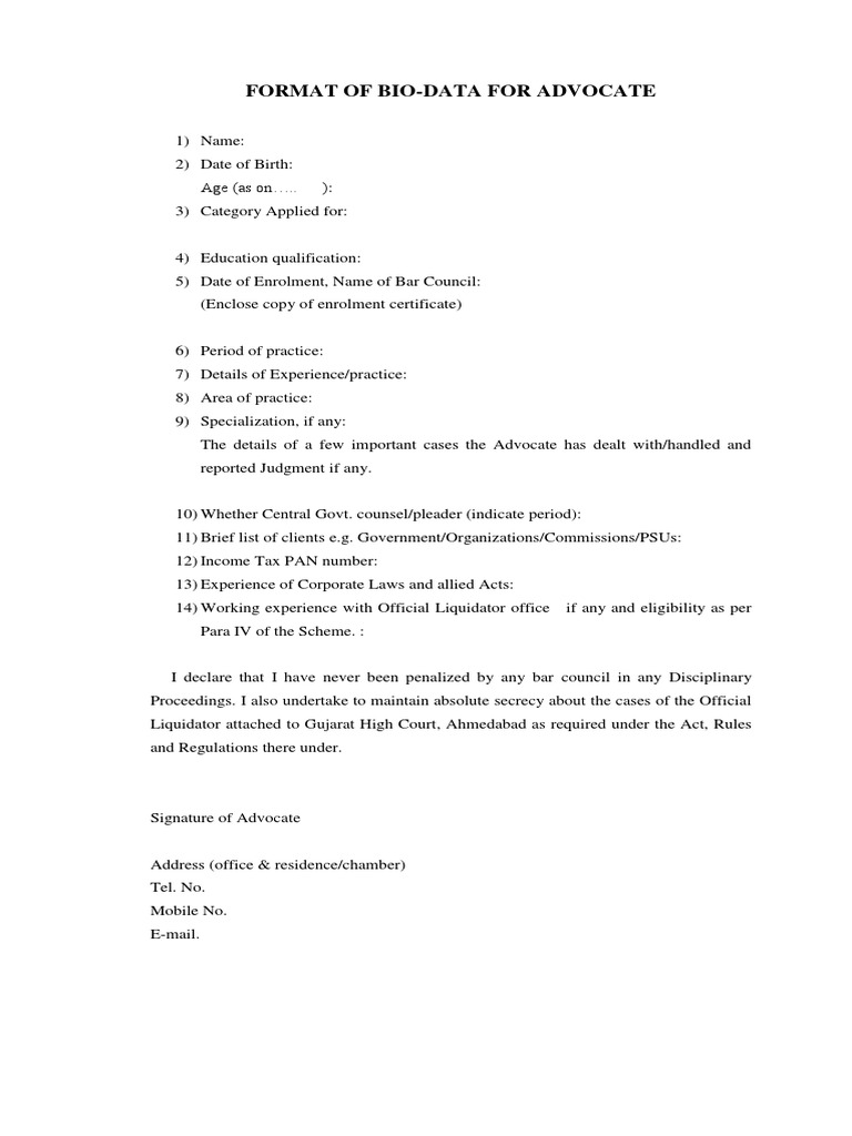 CV Format For Standing Council (Govt. Advocate) PDF | Download Free PDF ...
