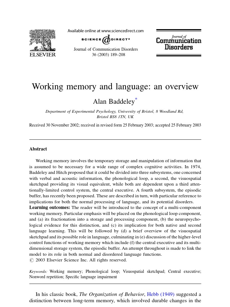Baddeley Working Memory Lang 2003 | PDF | Working Memory | Memory