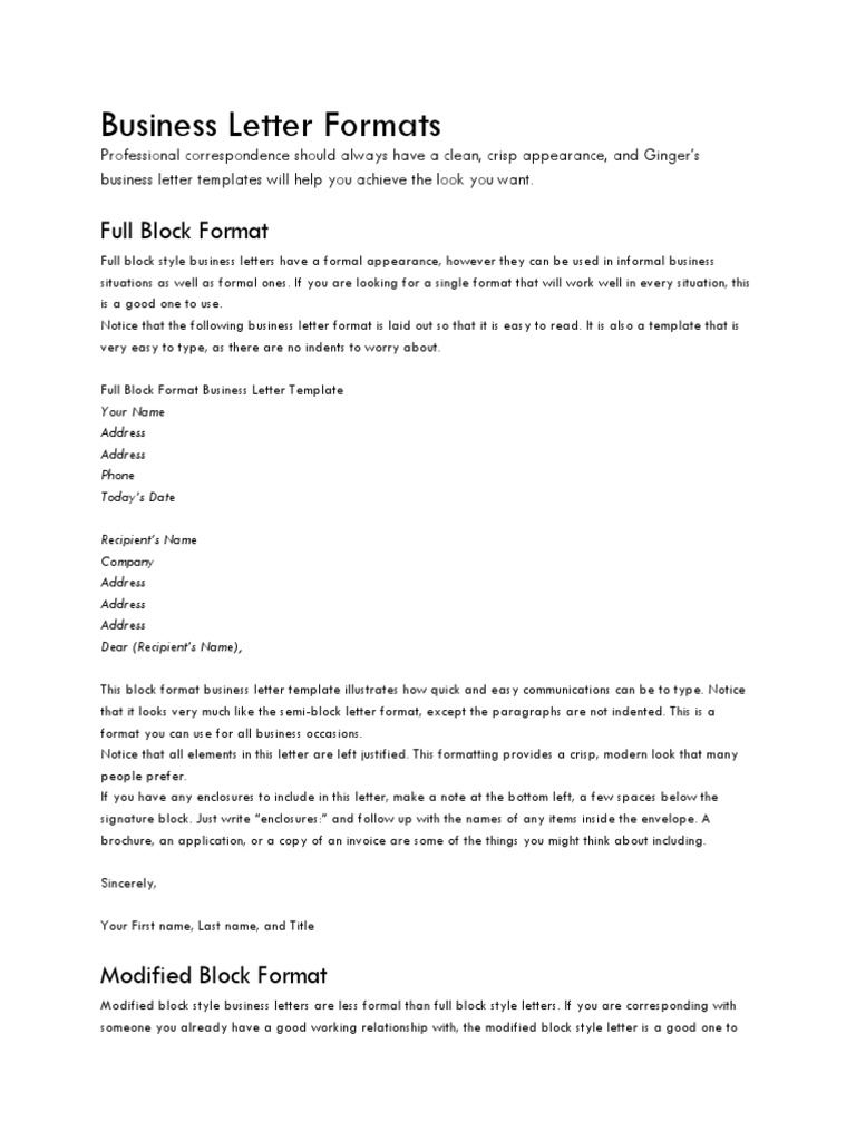 Business Letter Block Style Layout