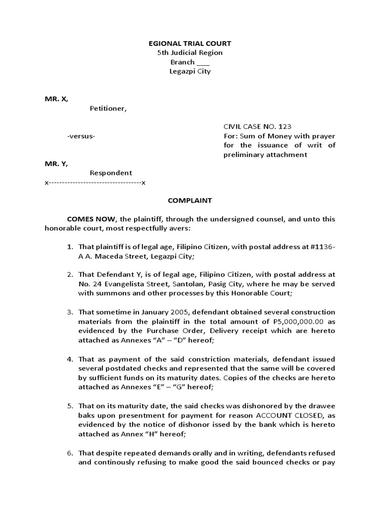 Preliminary Attachment Sample | PDF | Affidavit | Lawsuit