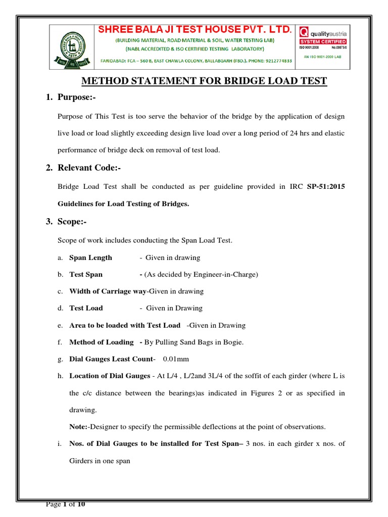 Method Statement For Bridge Load Test: 1. Purpose | PDF | Road ...