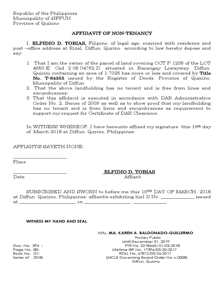 Affidavit of Non-Tenancy in Diffun | PDF | Finance & Money Management ...
