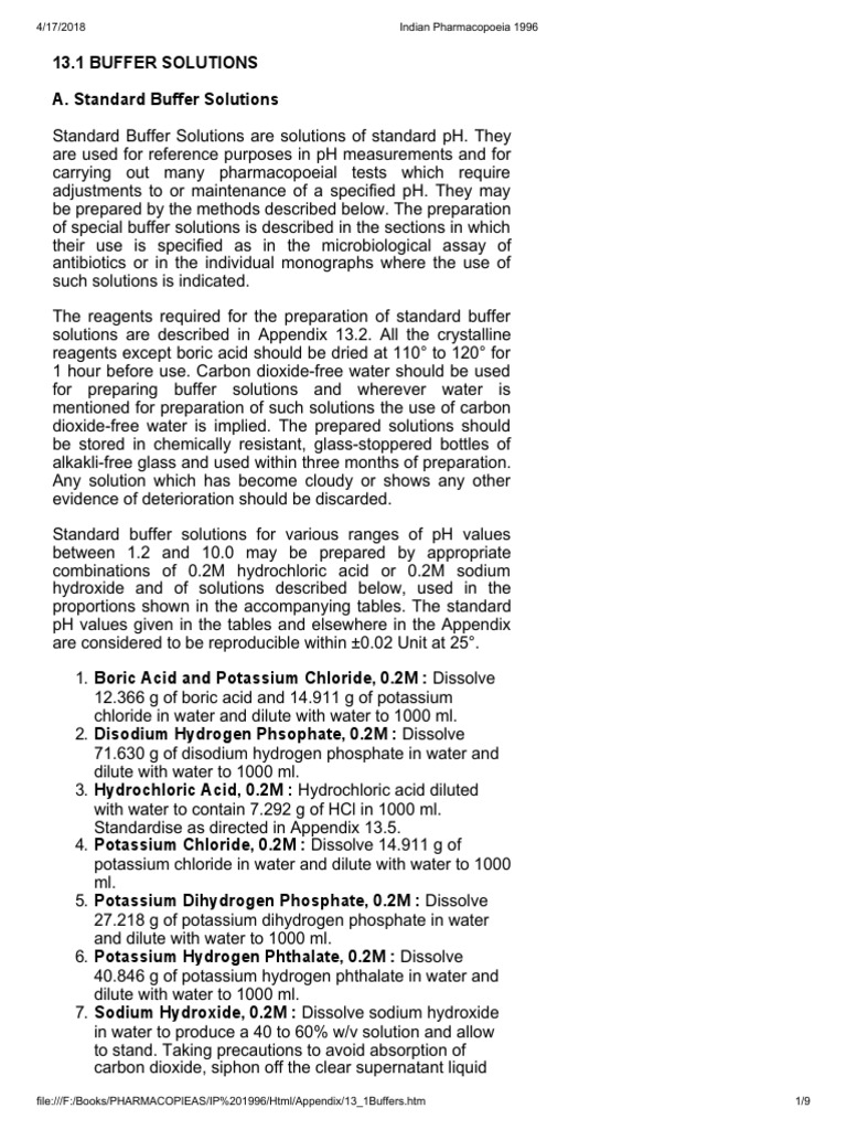 Prep. of Buffers Solutions Indian Pharmacopoeia 1996 | PDF | Buffer Solution | Ph
