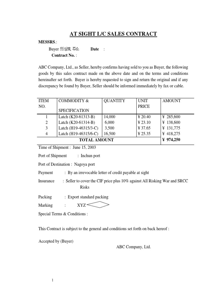 Lc at Sight-contract | Letter Of Credit | Civil Law (Legal System)