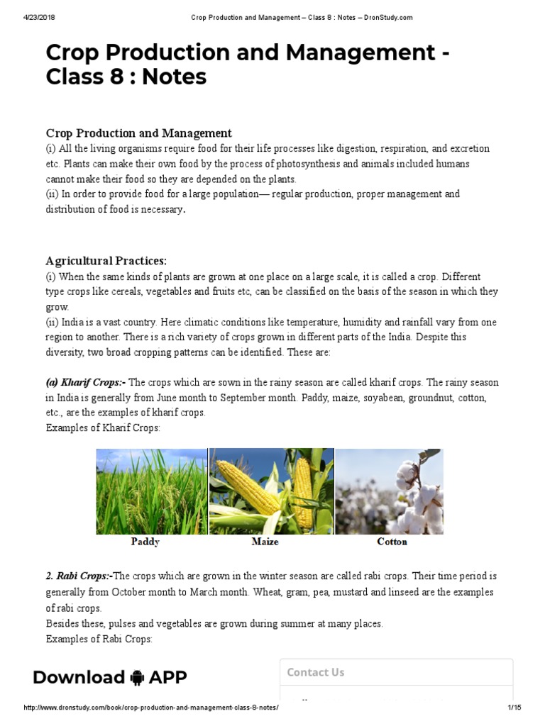 Crop Production and Management - Class 8 - Notes | Manure | Fertilizer