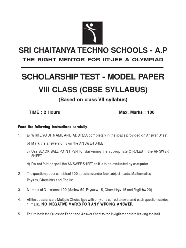 Sri Chaitanya Class 8 Scholarship Test Paper | PDF | Sodium Bicarbonate ...