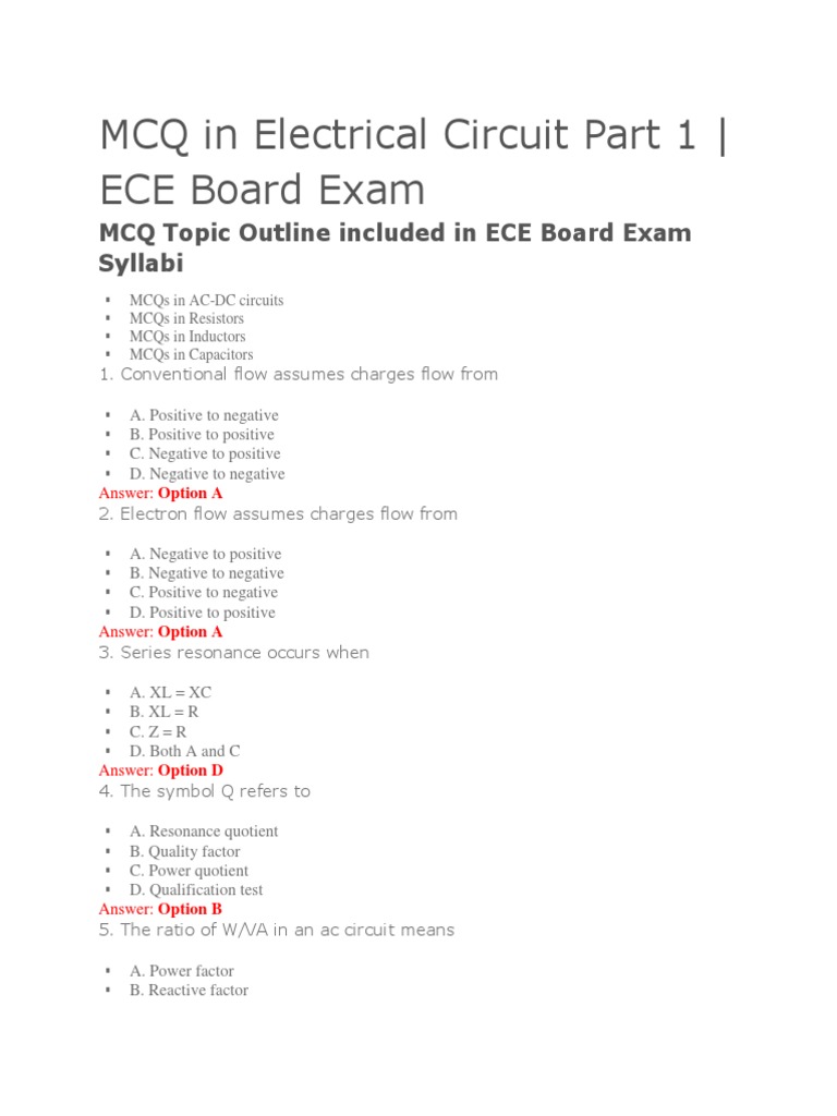 MCQ in Electrical Circuit Part 1 ECE BOARD EXAM | PDF | Capacitor ...