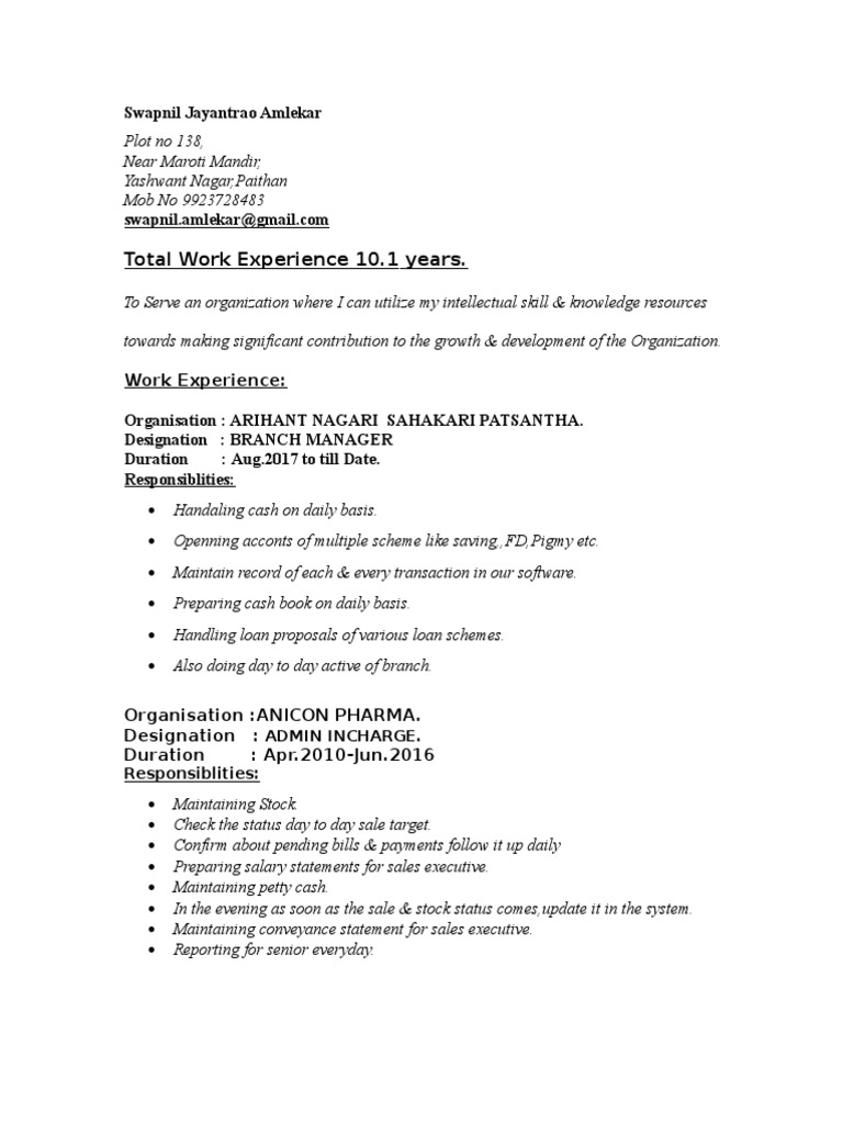 Total Work Experience 10.1 Years.: Admin Incharge. Responsiblities ...