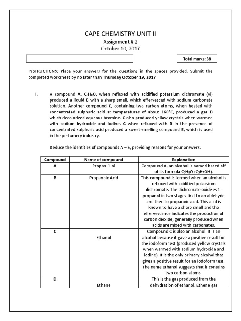 CAPE Chemistry Unit II Assignment Analysis | PDF | Alcohol | Ester