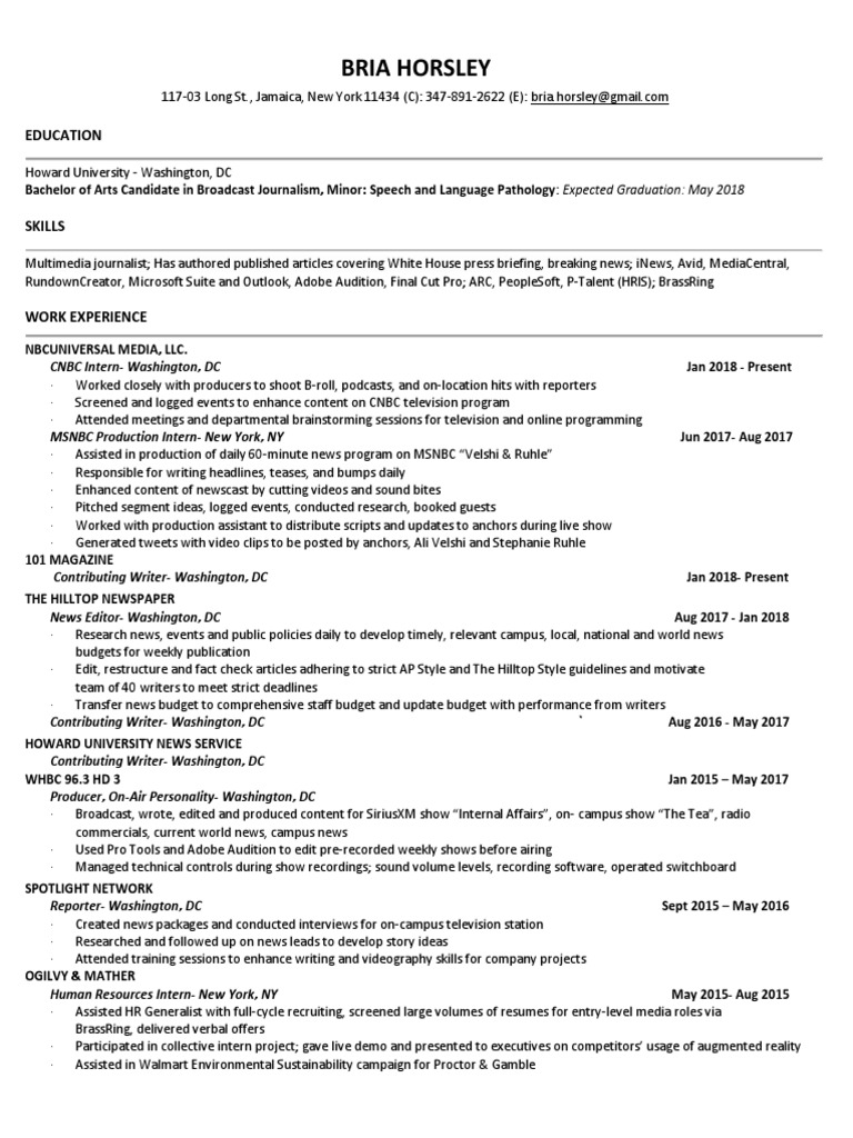 Bria Horsley Resume 4-2018 | PDF | News Broadcasting | News
