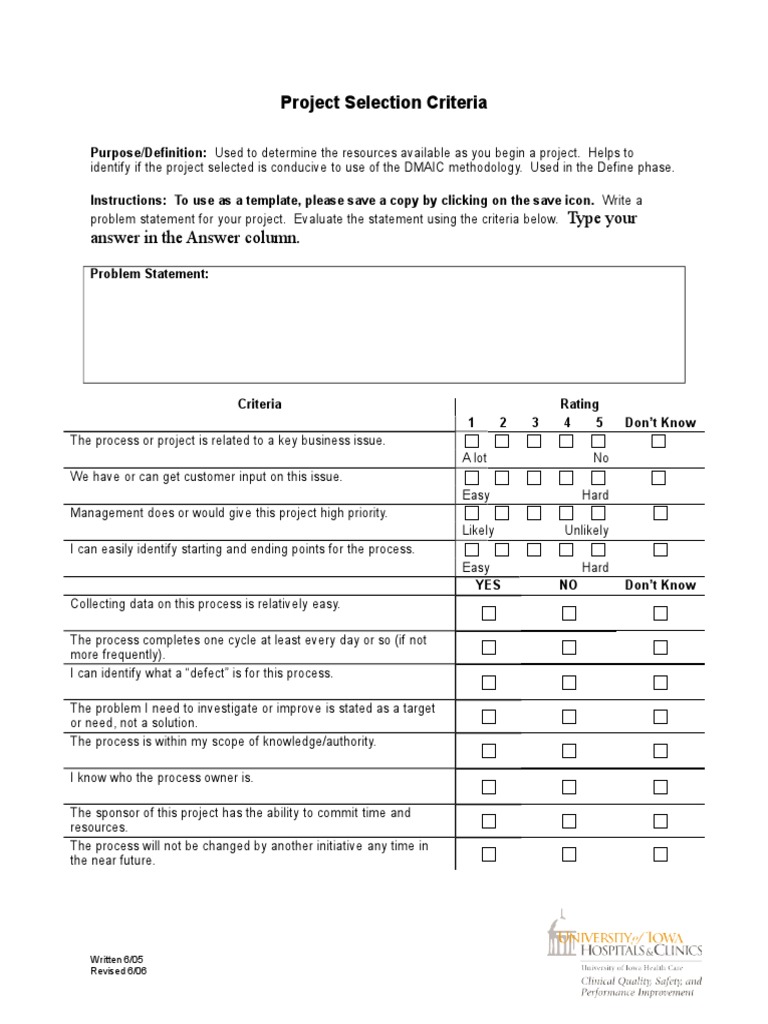 Type Your Answer in The Answer Column.: Project Selection Criteria ...