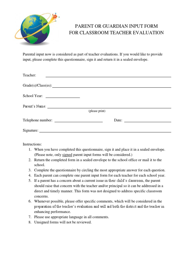 Parent or Guardian Input Form For Classroom Teacher Evaluation ...