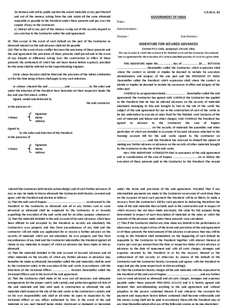 Indenture Form of CPWD for Secured Advance | Payments | Common Law