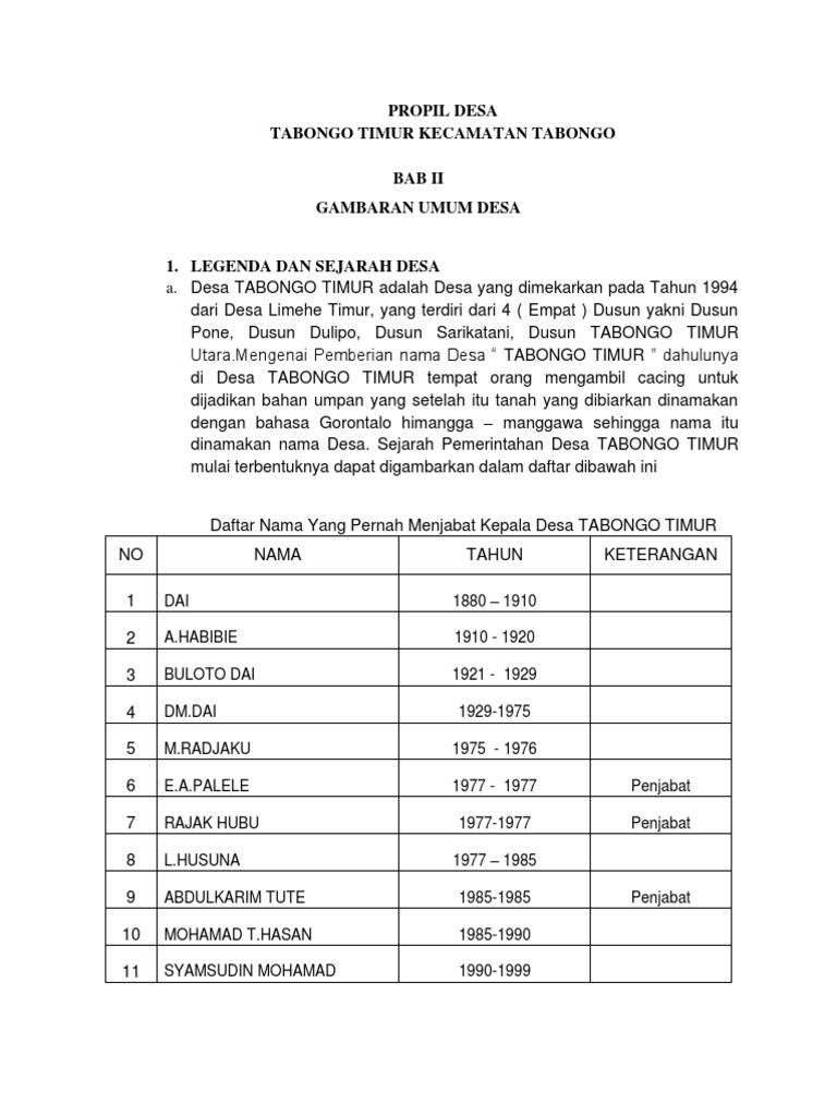 Profil Desa Tabongo Timur 2023 | PDF