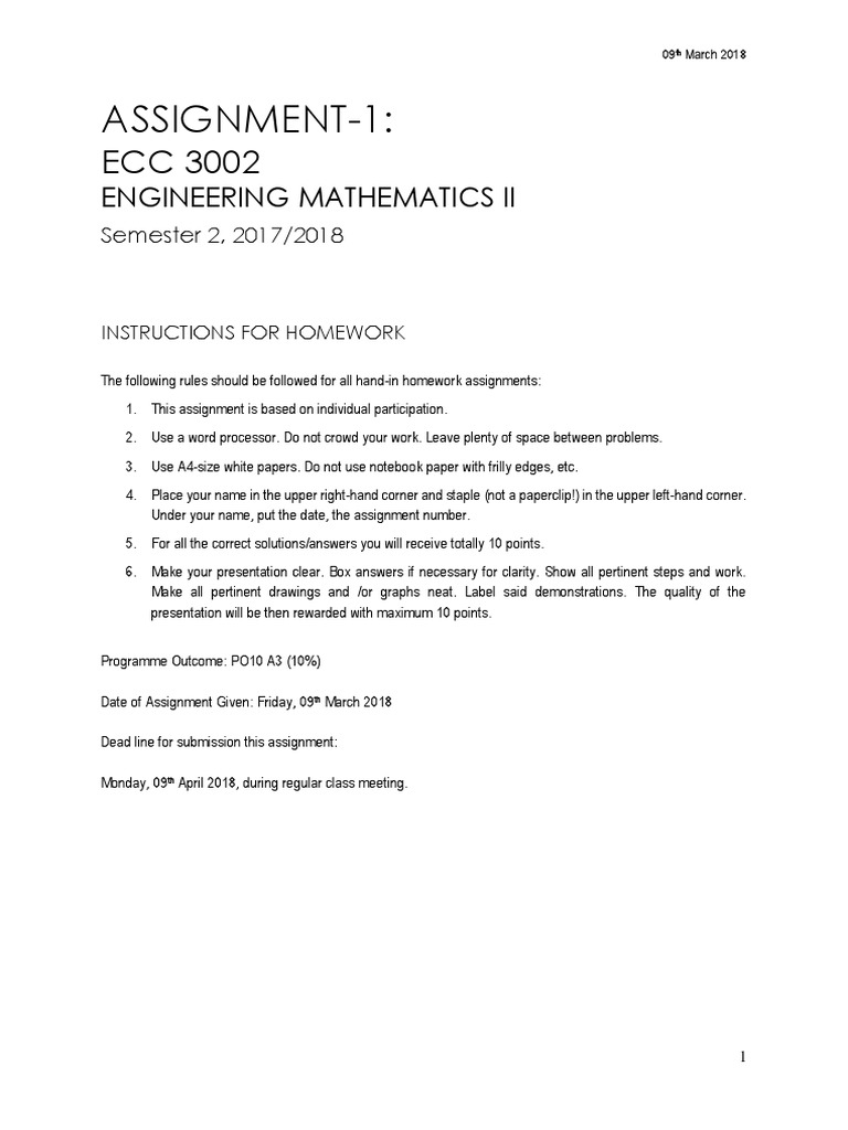 Engineering Mathematics II Assignment 1 SEM 2 20172018 | PDF | Homework | Equations