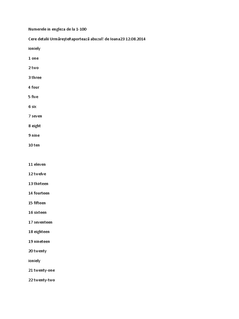 Numerele in Engleza de La 1-100 | PDF
