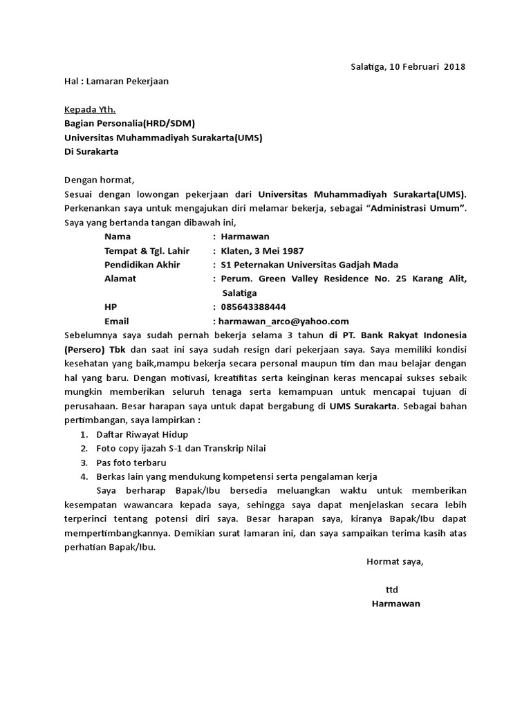 Surat Lamaran Kerja UMS | PDF