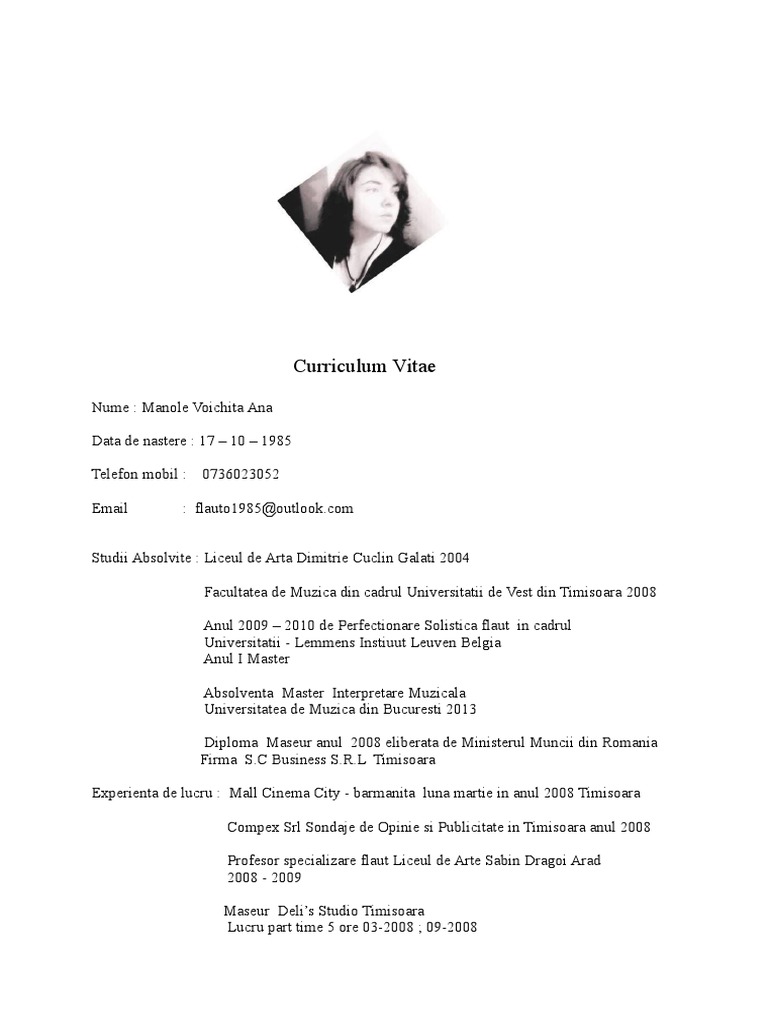 CV Manole Voichita Ana - Maseur & Muzician | PDF