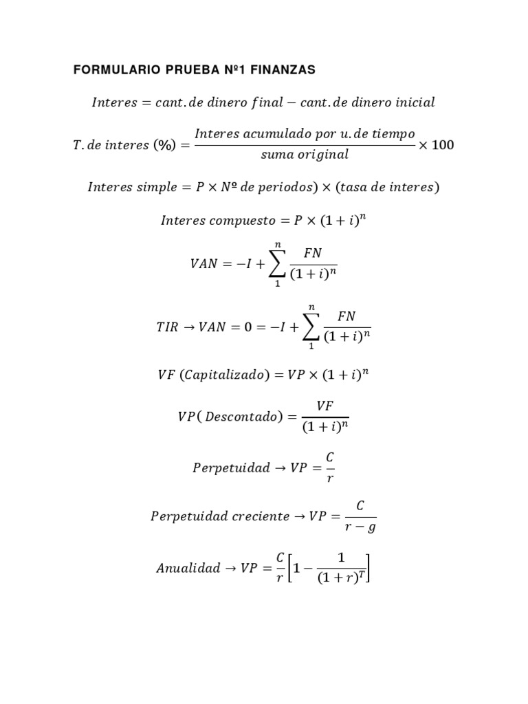 Formulario Finanzas Basicas | PDF | Enseñanza de matemática | Business