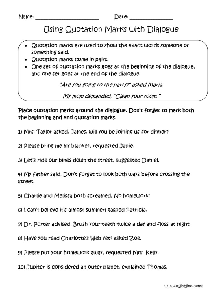 Using Quotation Marks With Dialogue Worksheet | PDF | Leisure | Nature