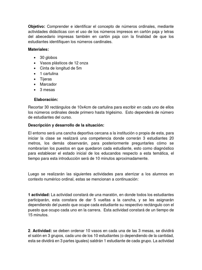 Actividades Lúdicas para Números Ordinales | PDF | Aprendizaje | Cognición