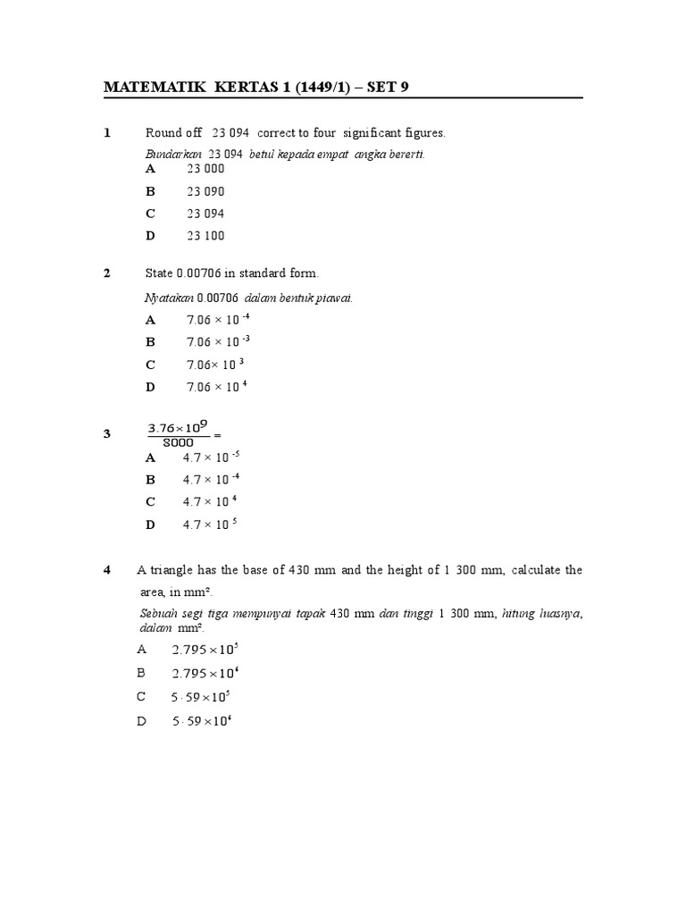 MATH SPM (K1) Soalan Set 9 | PDF